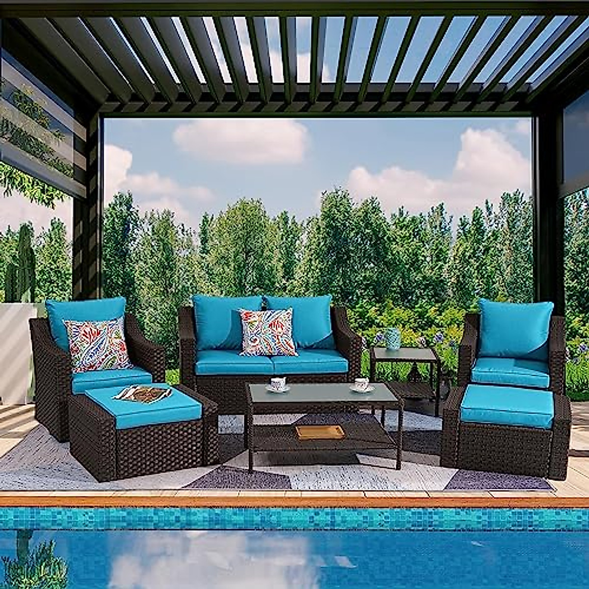 Kiss the Water Outdoor Patio Furniture Sets, 7 Pieces Outdoor Sectional Rattan Sofa Set, Brown PE Wicker Patio Conversation Sets with 10 PCS Lake Blue Washable Cushion and Tempered Glass Table