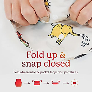 Baby Bib for Boys and Girls w/Food Catcher Pocket - Waterproof, Wipe Clean, Machine Wash, Fast Drying Feeding Smock - Recycled Polyester - Animal Print Suitable for Babies to Toddlers