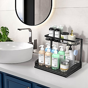 Fkprorjv Under Sink Organizers and Storage, 2 Pack Kitchen Bathroom Sink Organizer with Hooks, 2 Tier Under Sink Cabinet Basket Storage Shelf with Sliding Drawers, Black