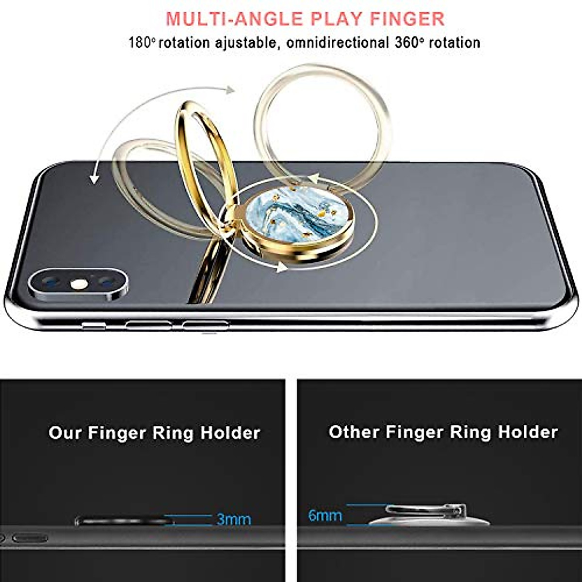 JIAXIUFEN Cell Phone Ring Stand Finger Holder Marble Glitter Grip Kickstand 360° Rotation Metal Ring Grip for Magnetic Car Mount Compatible with iPhone Samsung Galaxy Pixel All Smartphone Blue