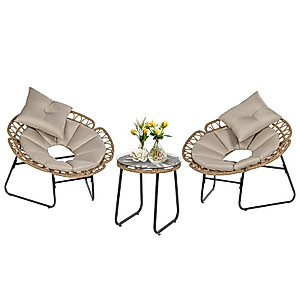 NALONE 3 Pieces Bistro Set Wicker Patio Conversation Set, All-Weather Acapulco Chairs with Tempered Glass Table, 2 Cushions and Pillows, Woven Rope Chair Furniture Set Ideal for Garden, Deck, Backyard