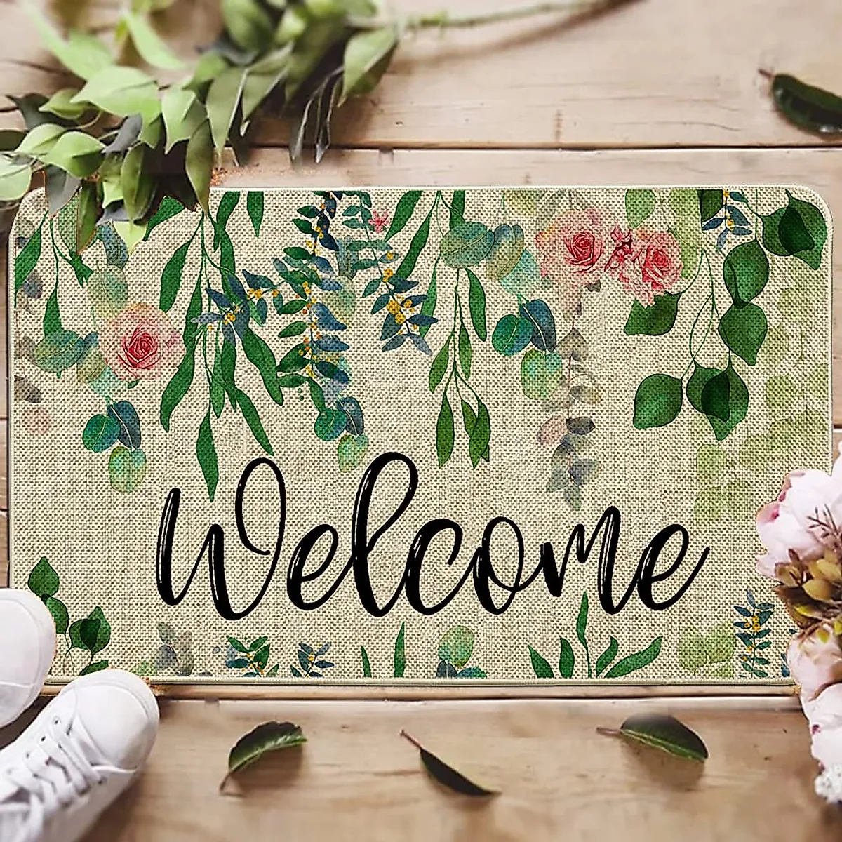 ORTIGIA Welcome Doormat Spring Summer Eucalyptus Leaves Floral Doormat Outdoor Outside Indoor Entrance Mat Non-Slip Durable Absorbent Easy Clean Entryway 17x29.5 Inch