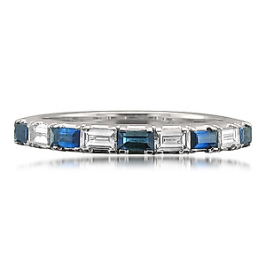 Beyond Brilliance 1/2 Carat Diamond, Pavé-Set 14K White Gold Baguette Diamond & Blue Sapphire Bridal Wedding Band Ring (I-J, VS2-SI1) Size-9