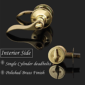 Keyed Alike Entrance Lock Lever Combo Set,3 Set Entry Lever with Single Cylinder Deadbolts in Polished Brass,Wave Door Levers Exterior,Entrance Door Lockset with Deadbolts,Front Entry Handle Golden