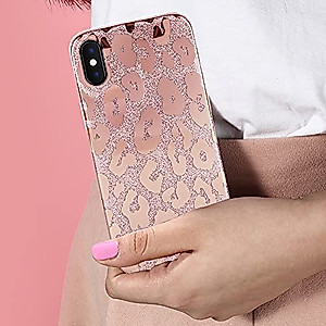 J.west iPhone Xs Max Case 6.5-inch, Luxury Saprkle Bling Glitter Leopard Print Design Soft Metallic Slim Protective Phone Cases for Women Girls TPU Silicone Cover Case Rose Gold