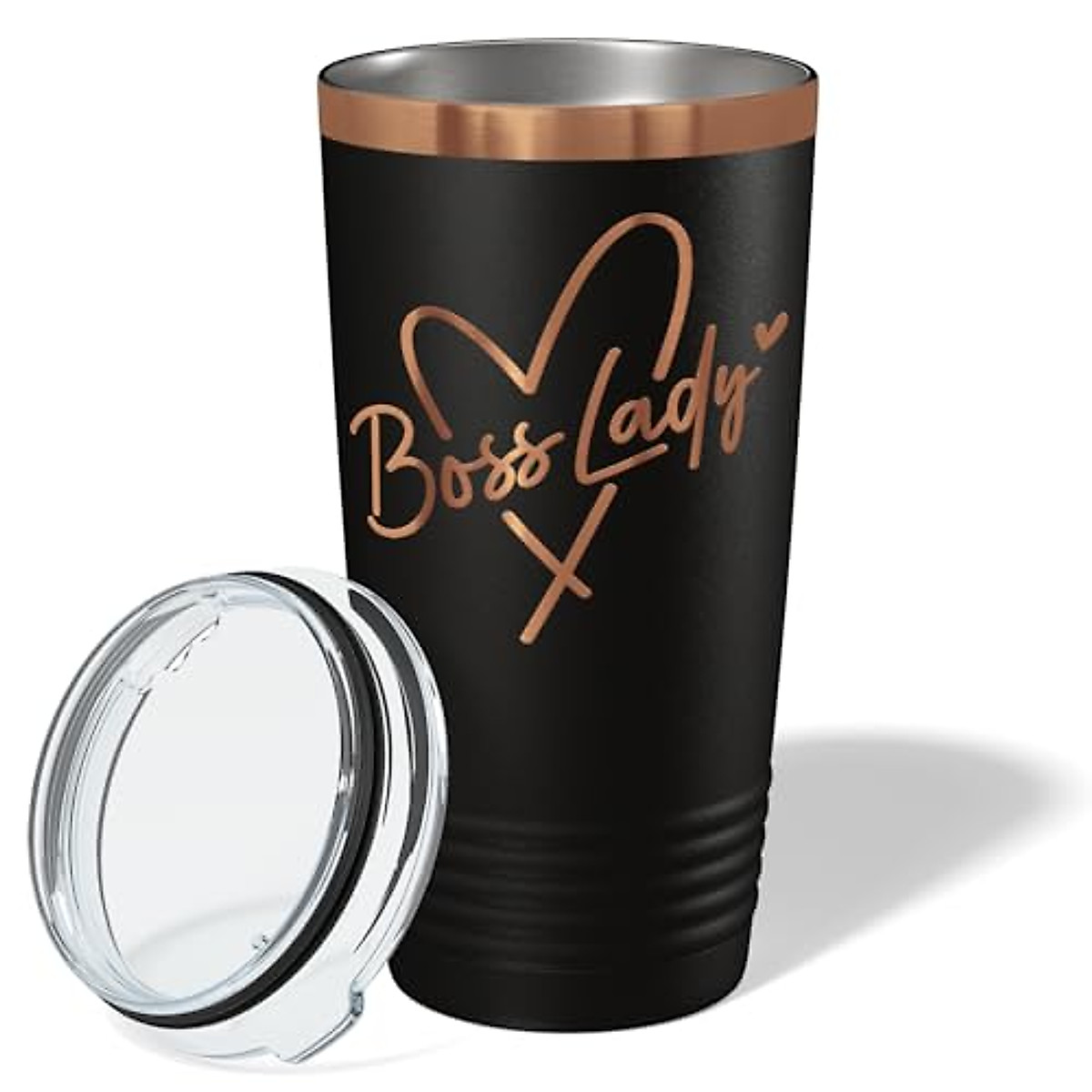 Boss Lady Big Heart Tumbler Birthday Gifts for Women, Coworker, Boss on Black with Ion Rose Gold Design 20 oz Stainless Steel Insulated Cup with Lid - Travel Mug for Mom