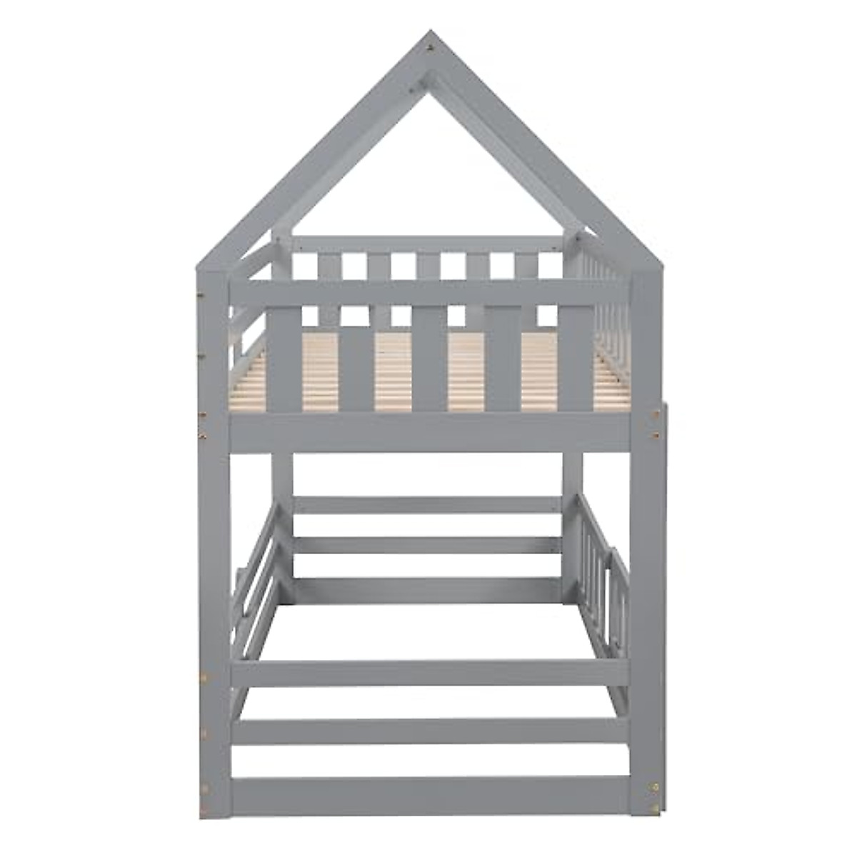 BOVZA House Bunk Bed for Kids Twin Over Twin Size Floor Low Bunk Bed with Fence and Door Wood Loft Bunk Bed Frame for Boys Girls, Gray