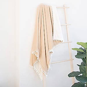 MONDAY MOOSE Cozy Fleece Throw Blanket with Pom Pom Fringe, Super Soft Lightweight Microfiber Flannel Blanket, Double-Sided Designs, for Couch Bed Sofa Home Decor (50x60 inch, Cream/Light Brown)