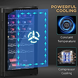 HOMCOM 33 Bottle Wine Cooler, Mini Beverage Fridge, Freestanding Wine Cellar with Digital Temperature Control, 6 Removable Shelves, Glass Door, Alarm Function and LED Lighting, Black