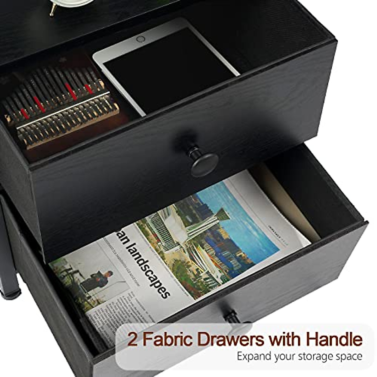 AMHANCIBLE Night Stand Set 2, Black Nightstand with Charging Station, End Tables Living Room with USB Ports and Outlets, Bed Side Tables Bedroom with Drawers HET05XBK