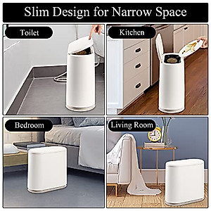 ZENFUN 2.6 Gallon Plastic Trash Can with Press Lid, Oval Slim Wastebasket Garbage Container Bin Bathroom Garbage Can for Living Room, Bedroom, Kitchen, Office, Easy to Clean, White