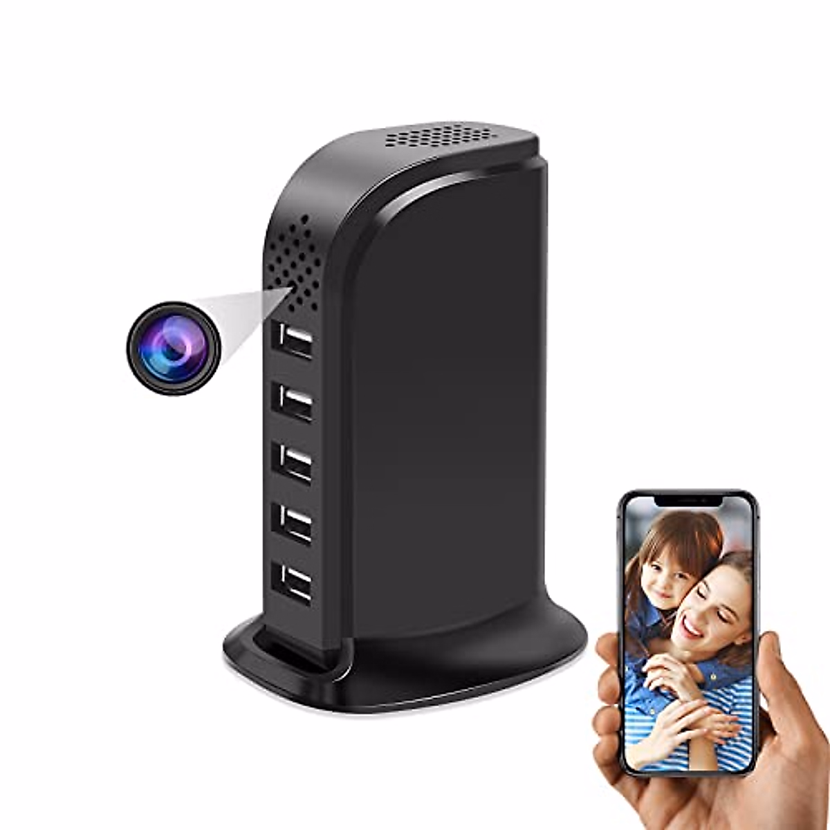 CAMXSW WiFi USB Spy Hidden Charger Camera 5-Port USB Hub Covert Nanny Cam 1080P HD Wireless Spy Camera for Home Surveillance with Motion Detection iOS & Android APP Remote Control