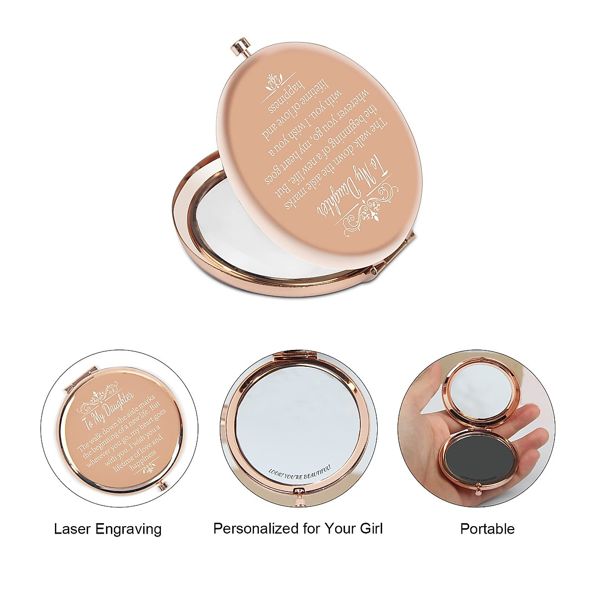 REHALY Daughter Wedding Gift from Mom Dad, Bride Gifts for Wedding Day, Unique Wedding Keepsake Gifts for Daughter from Mom on Wedding Day, Rose Gold Compact Mirror for Her