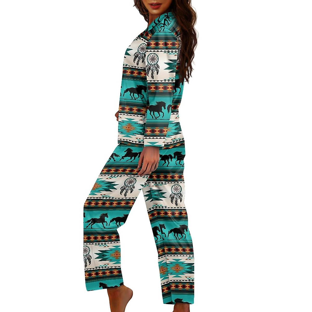 Boatee Women's 2 Piece Pajama Set Aztec Tribe Green Horse Button Down Shirt Pants Sleepwear Set, M
