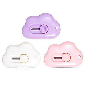 Fengek 3 Pcs Mini Retractable Utility Knife Cloud Pocket Box Cutters Plastic Letter Opener Slide Open with Keychain Hole for Box Letter Envelope, Cloud Shape (Multicolor A)