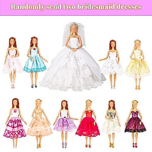 Keysse Doll Clothes Bride Wedding Dress with Bridesmaid Dress Gorgeous Trailing with Double Layer Wedding Veil, 5 Accessories, Veil + Crown + Necklace and Bracelet, Princess Party Dress for 11.5" Doll