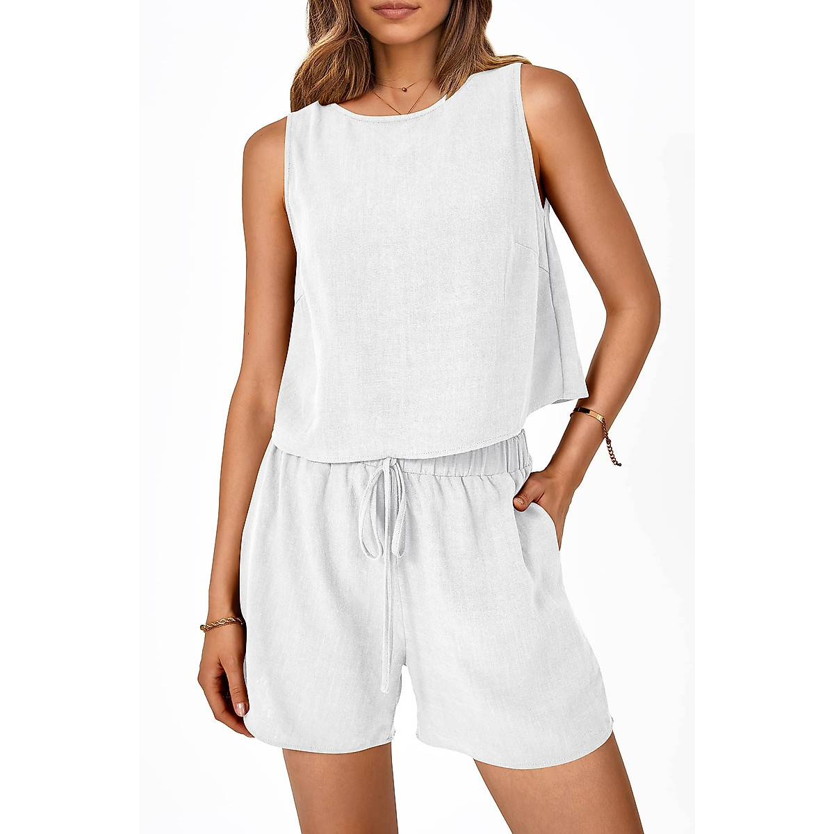 PRETTYGARDEN Women's 2024 Summer 2 Piece Outfits Casual Button Back Crop Tank Tops and High Waist Shorts Set (White,Medium)