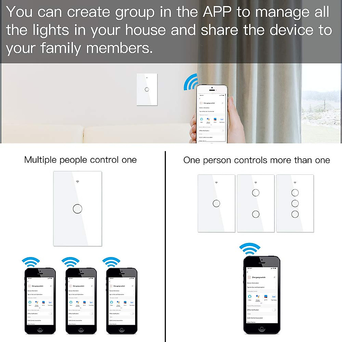 MOES Touch Wall Single Live Wire Smart Switch，No Neutral Wire Needed, 2.4GHz WiFi RF433 Light Switch Works with Smart Life/Tuya App, Alexa and Google Home, Single Pole 110V, White 1 Gang
