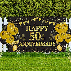 DARUNAXY 50th Wedding Anniversary Decorations, Large Happy 50th Anniversary Banner Backdrop 70 x 43 Inches, Black and Gold Party Balloons, Hanging Swirls for Indoor Outdoor Home Wall Party Supplies