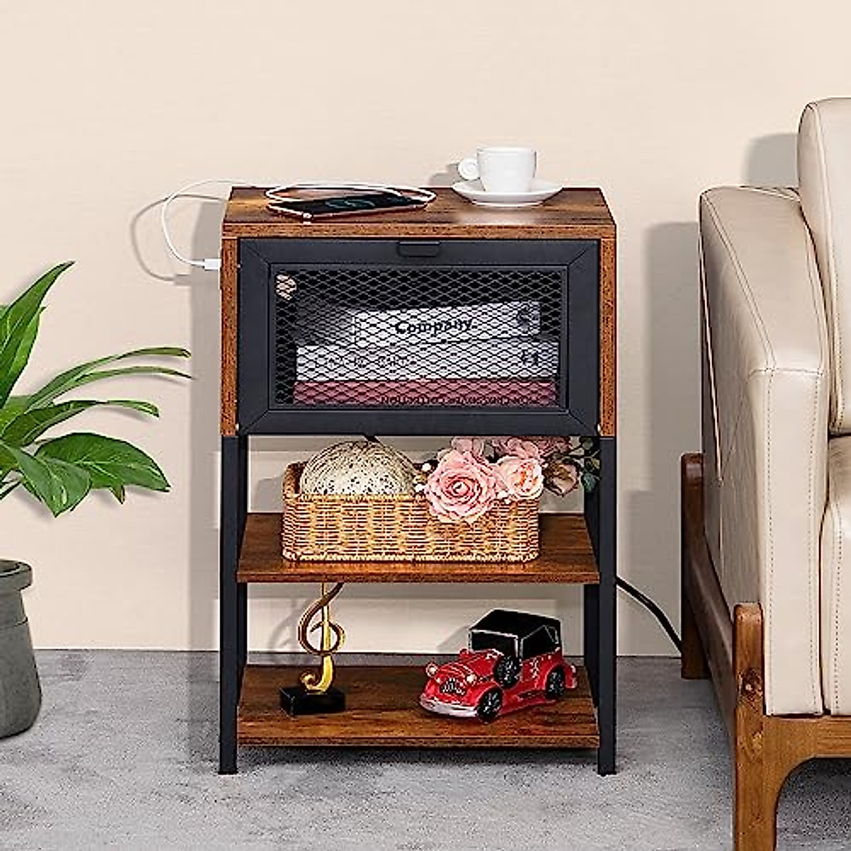 LEBOAHOUS Nightstand with Charging Station and USB Port, 3 Tier Industrial Night Stand, Bedside Table with Flip Storage Drawer and Open Shelf, End Side Table for Bedroom, Office, Dorm 26.2''H (Brown)