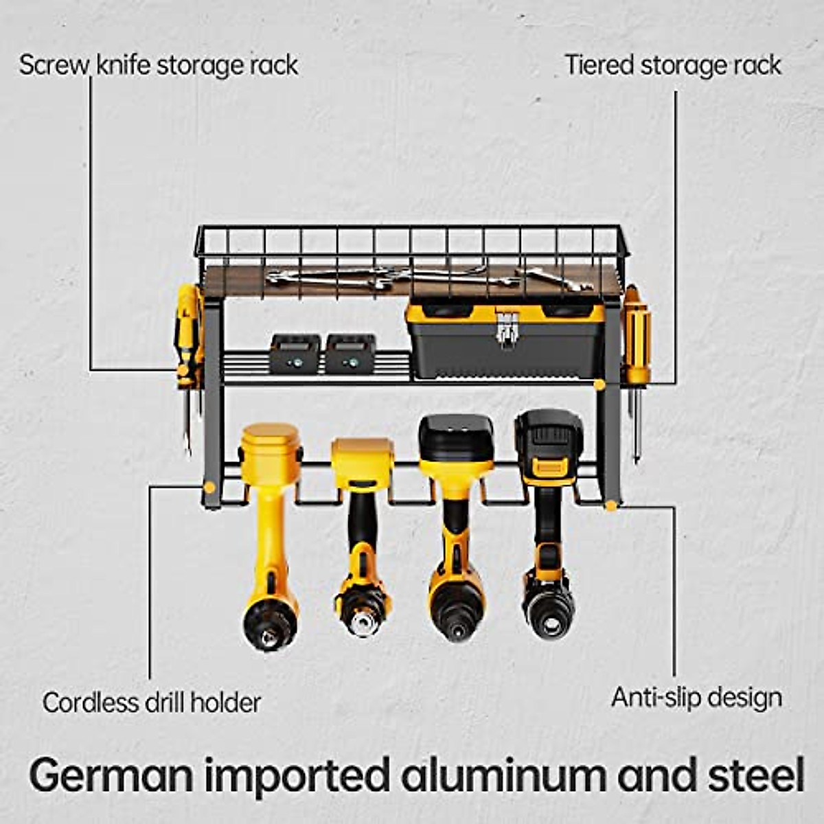 HOYRR Power Tool Organizer, Drill Holder Wall Mount, Garage Tool Organizers With 5 Drill Holders, Heavy Duty Tool Shelf With Basket, Perfect Tool Organizer Gift for Father