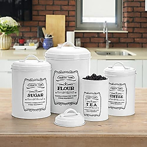 Yarlung Set of 4 Kitchen Canisters with Airtight Lids, Coffee Tea Sugar Flour Metal Tin Jars Nesting Food Storage Container Set for Farmhouse Decor, Countertop Pantry Organizer, 4 Sizes White