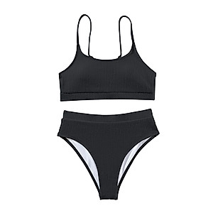 Lilosy High Waisted Tummy Control Bikini Ribbed Sporty Brazilian Swimsuit Set Women Highwaisted Cheeky Cut Leg Rise Bottom Crop Push Up Top 2 Piece Bathing Suit Black Medium