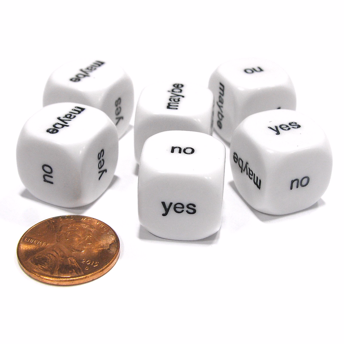 Koplow Games Set of 6 D6 16mm Yes, No, Maybe Decisions Dice - White with Black Letters
