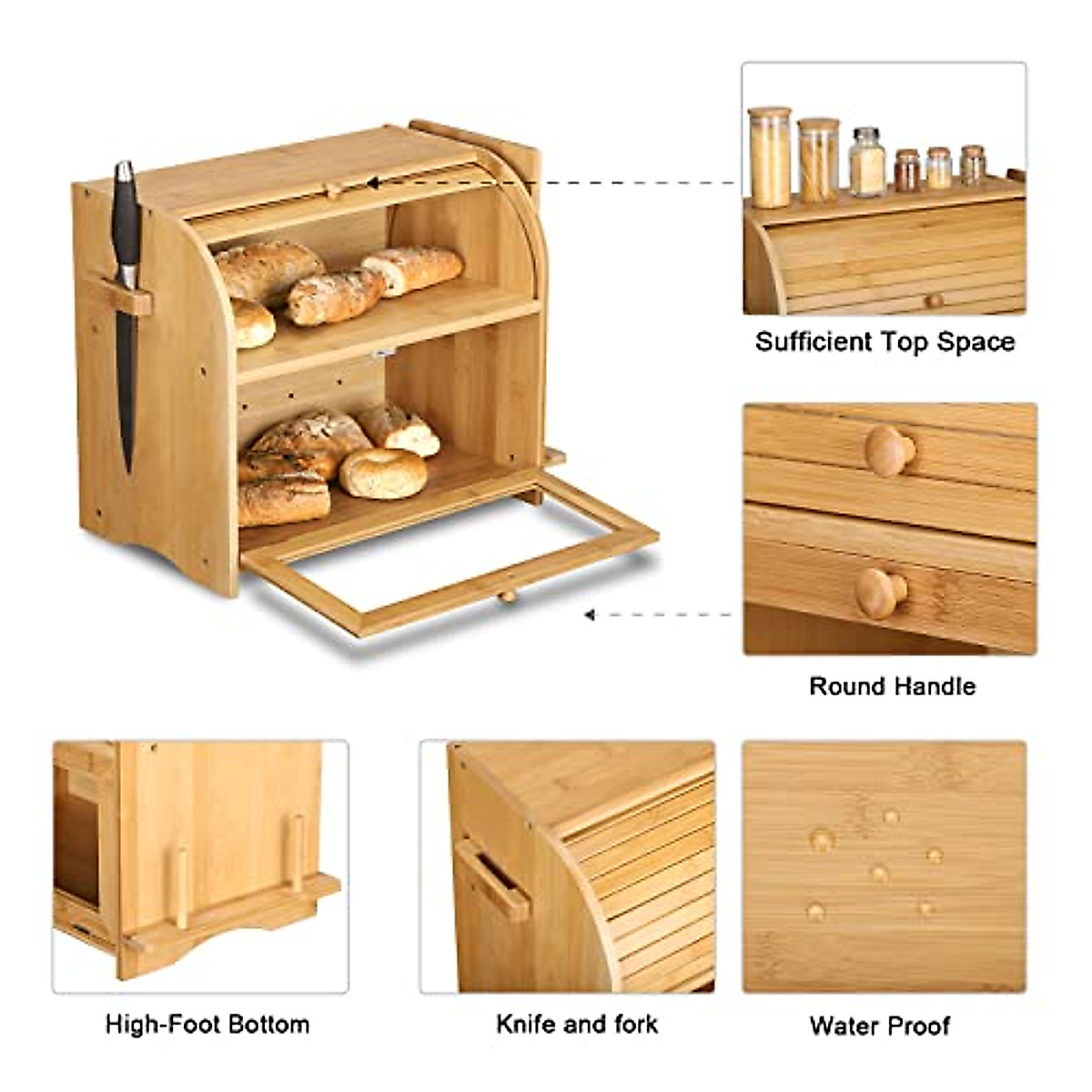 HOMEKOKO Double Layer Large Roll Top Bread Box for Kitchen Counter, Retro Design Wooden Large Capacity Bread Storage Bin (Natural)