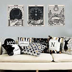 Likiyol Pack of 3 Tarot Tapestry The Sun The Moon The Star Tarot Card Tapestry with Rustproof Grommets, Seamless Nails (Black white, 11.8 x 15.7 inches)