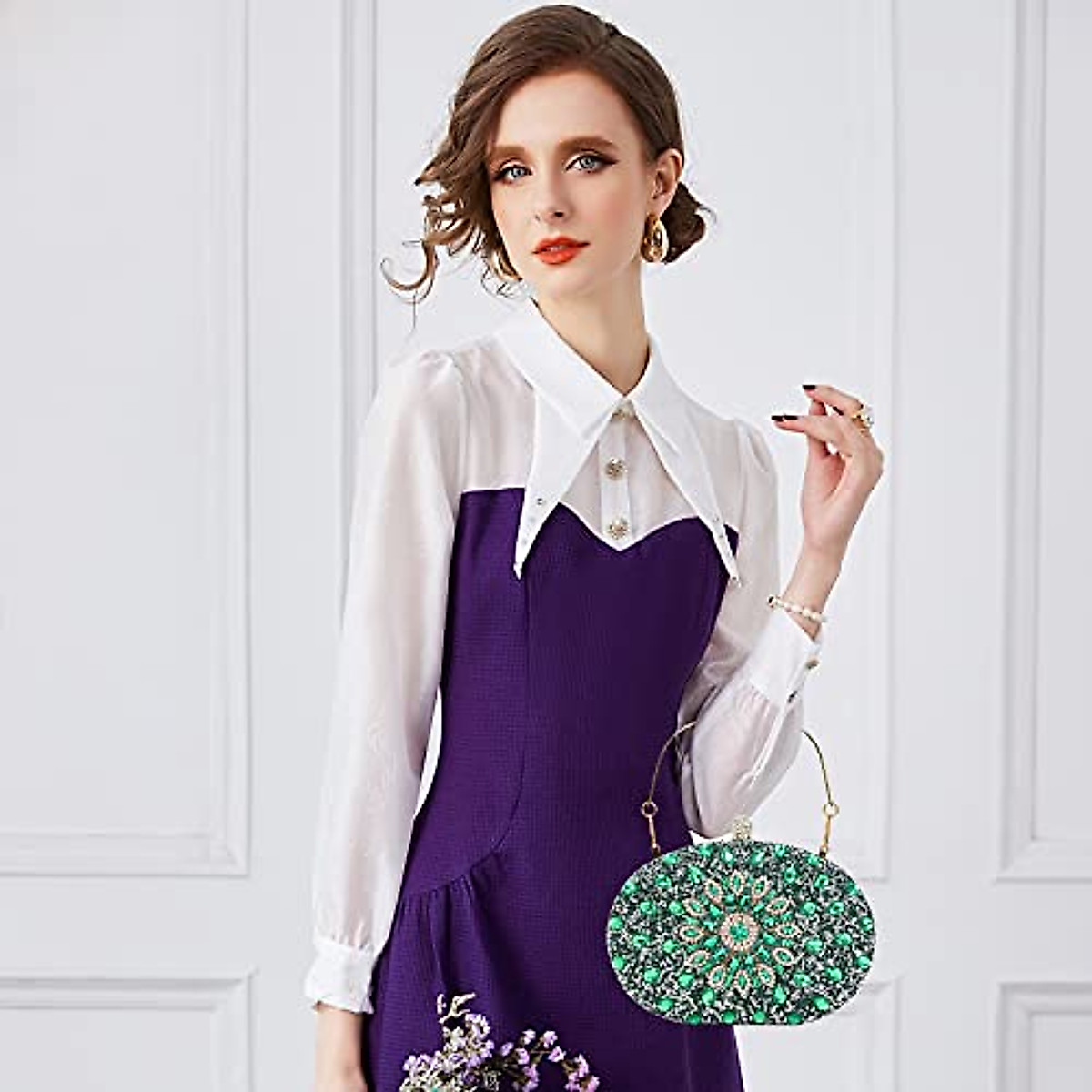 CORIOS Rhinestone Evening Bag for Women Sparkly Sequin Purse Bridal Wedding Handbag Glitter Shoulder Bag Crystal Clutch Bag Elegant Crossbody Bag for Wedding Banquet Cocktail Prom Party Green