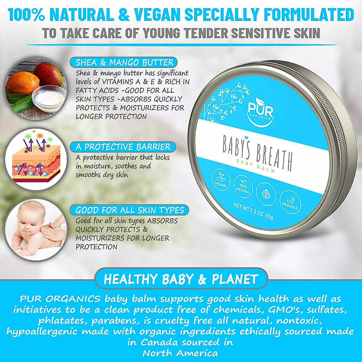 BABY'S BREATH BABY DIAPER BALMS 100% NATURAL VEGAN ORGANIC HEMPSEED OIL UNIQUE COCOA & MANGO & SHEA BUTTER BLEND CRYSTALS HYDRATIVE PROTECTIVE BARRIER FOR MOTHER & BABY 115g
