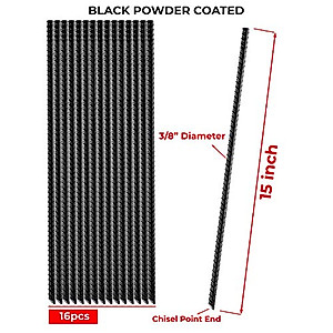 NHZ 15” Ground Rebar Stakes (16pcs) Heavy Duty Hook Ground Anchors, Steel Plant Support Garden Stake with Chisel Point end, Hammer Through Hard Soil for Camping Tent - Black Powder Coated (16)
