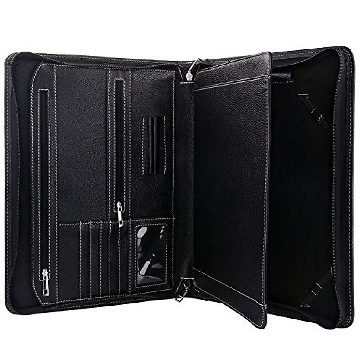 XIAOZHI Black Leather Portfolio with Notepad Space for 10.2-inch / 10.5-inch / 11-inch iPad, Padfolio Case Business Zippered Organizer Document Folder with Letter Size Notepad Holder