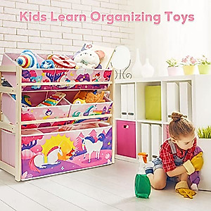 Jomifin Kids Toy Organizer for Boys Girls, 6 Storage Bins Large Storage Capacity Best Toy Storage Solution for Playroom, Nursery (Green) (Pink)