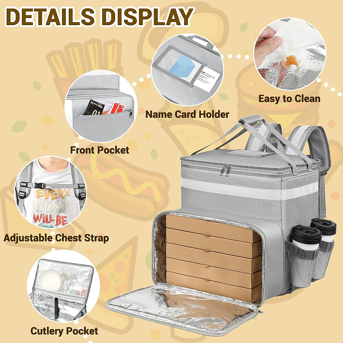 Food Delivery Backpack,Expandable Insulated Hot Pizza Bags for Delivery with 3 Support Boards for Bike,Large Leakproof Food Delivery Bag with Reflective Strip For Uber Eat,Grubhub,Doordash,Catering