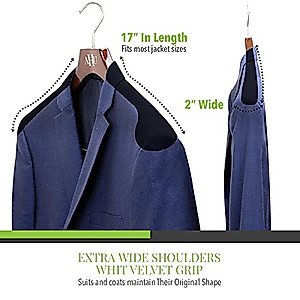 Premiere Luxe Wooden Hangers with Rollbar, Heavy Duty Non Slip Coat Hangers, Heavy Coat Hangers, Wide Shoulder Hangers Suit and Pants, (Black with Black Velvet, 6pk)