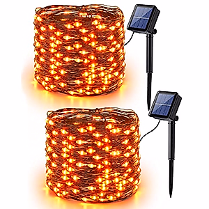 Brizled Orange Lights Halloween, 2 Pack 39.37ft 120 LED Orange Fairy Lights, Solar Powered Halloween Lights 8 Modes, Waterproof Twinkle Halloween Fairy Light for Halloween Party Yard Decor, Black Wire