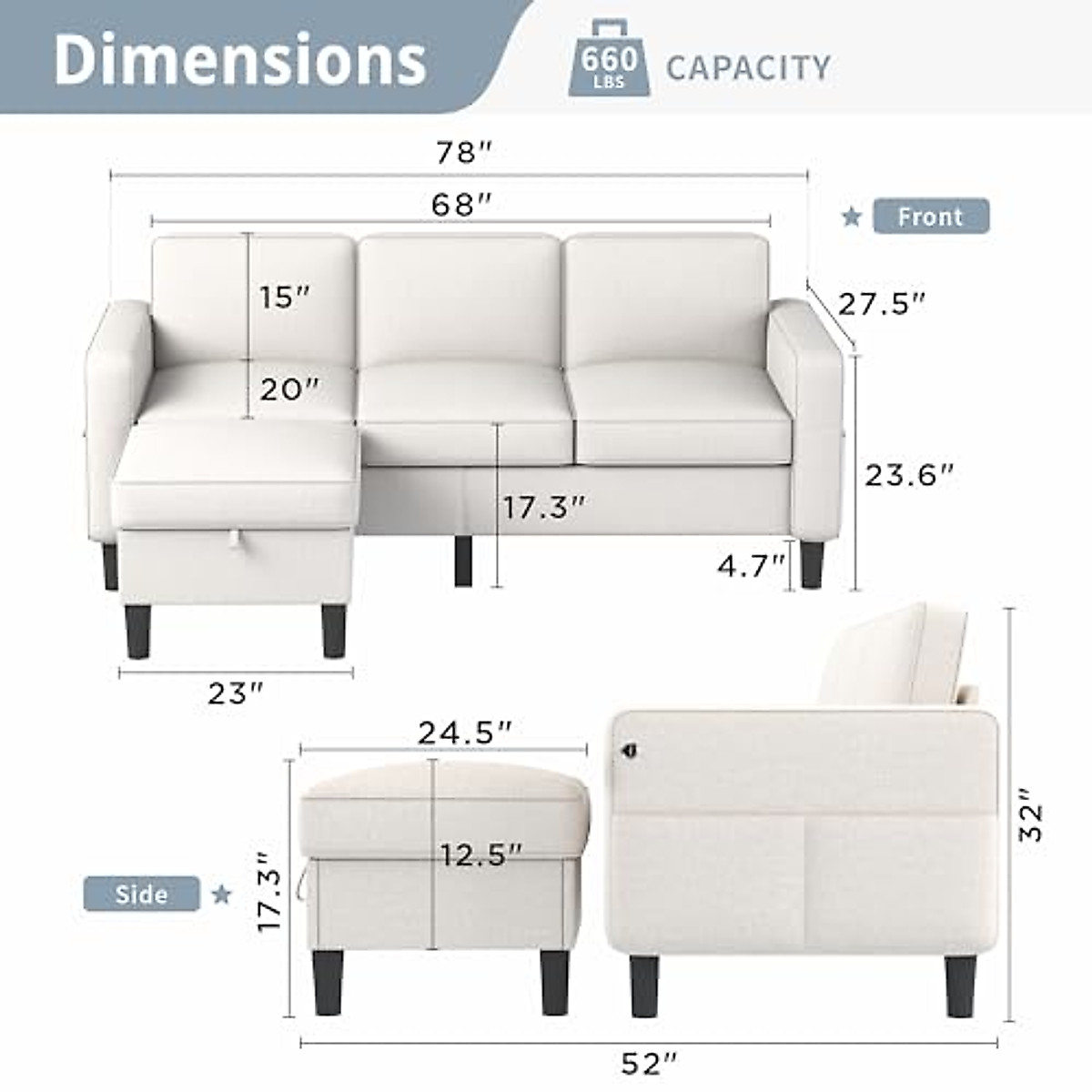 Sunrise Coast Sectional L Shaped Living Room Modular USB+Type-C Charging Port 3 Seater Couches with Removable Storage Ottoman Small Sofa 78", Beige