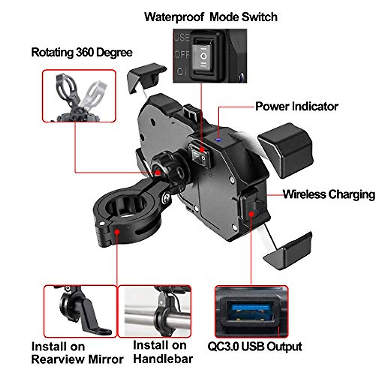 iMESTOU Motorcycle Wireless 15W Qi/USB Quick Charger 3.0 Phone Holder 2 in 1 Mount on 22-32mm Handlebar or Rear-View Mirror Fast Charging for 3.5-6.8 inch Cellphones