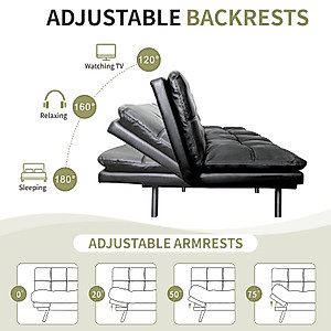 MUUEGM Futon Sofa Bed,Convertible 71" Couch Sofa,Faux Leather Sleeper Sofa with Adjustable Backrest for Living Room,Memory Foam Sofa Futon Couch Bed,Black