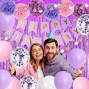 Upgraded Purple Pink Birthday Party Decorations for Women Girls with Happy Birthday Banner,Tissue Paper Pompoms,Circle Dots Garland,Fringe Curtains,Birthday Balloons,Purple Birthday Decor