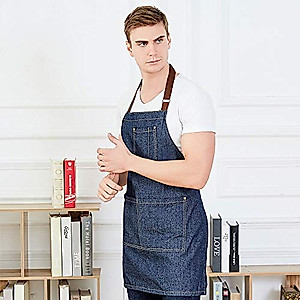 YukaBa Blue Adjustable Denim Jean Kitchen apron with 5 Pockets for Women Men Optimized upgrade(Denim) (Set of 1)