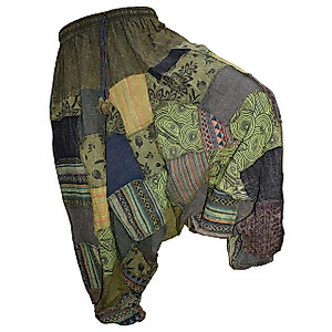 Mens Patchwork Stone Washed Yoga Bohemian Baggy Printed Harem Pants Green LXL
