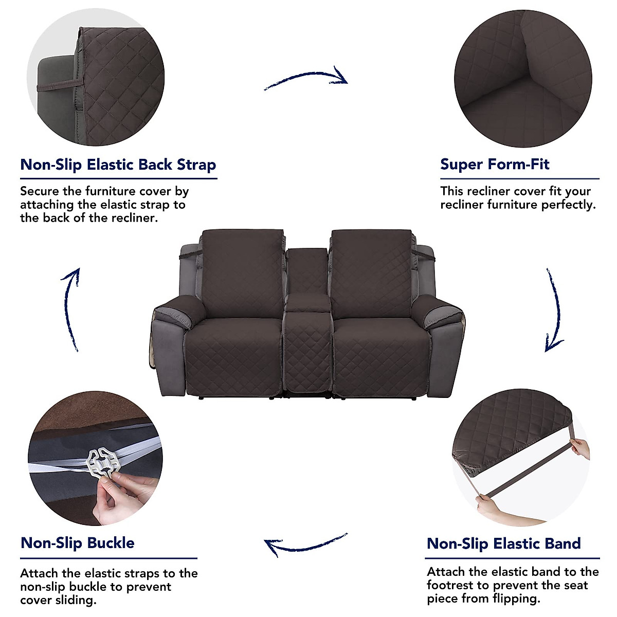 PureFit Recliner Cover, 2 Seat, Water Resistant, Reversible, Non-Slip, Washable, Chocolate/Beige