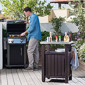 Keter Unity 40 Gallon Stainless Steel Top Grilling Bar Cart with Brightwood 120 Gallon Plastic Outdoor Furniture Storage Deck Box, Brown