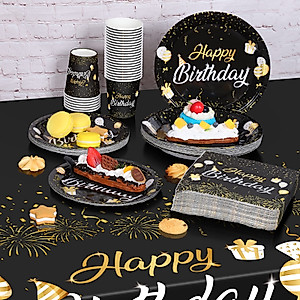 durony 126 Pieces Black and Gold Complete Birthday Tableware Set Party Supplies Includes Paper Cups Plates Napkins Waterproof Tablecloth Happy Birthday Party Favor