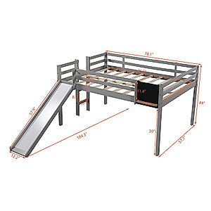 Harper & Bright Designs Full Loft Bed with Slide for Kids Wood Low Loft Bed with Chalkboard, Ladder, Guardrail, Kids Loft Bed Frame for Livingroom, Bedroom, Guest Room (Full, Grey)