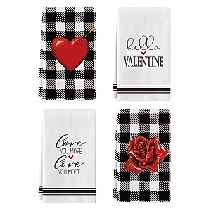 Artoid Mode Watercolor Buffalo Plaid Arrow Love Heart Rose Flower Valentine's Day Kitchen Towels, 18 x 26 Inch Ultra Absorbent Drying Cloth Dish Towels for Cooking Baking Set of 4