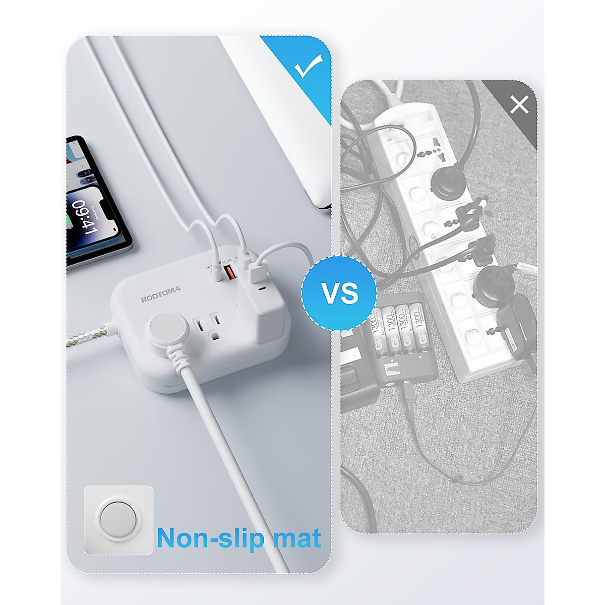 Power Strip with USB C, 3 Outlets 3 USB Ports, Desktop Charging Station with 5 Ft Braided Extension Cord and Flat Plug, Compact for Cruise Ship, Travel, Home, Office, White